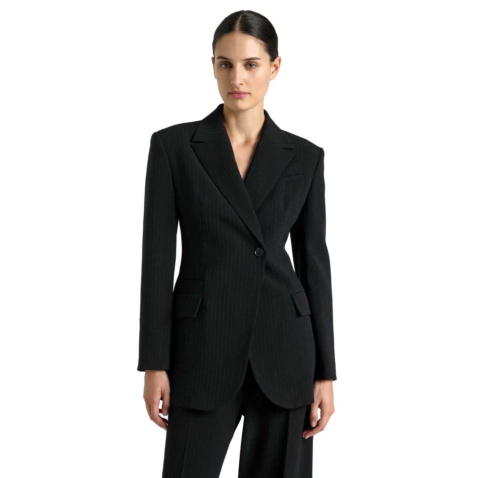 Cue Acetate Pinstripe Curved Hem Blazer | Ballantynes Department Store
