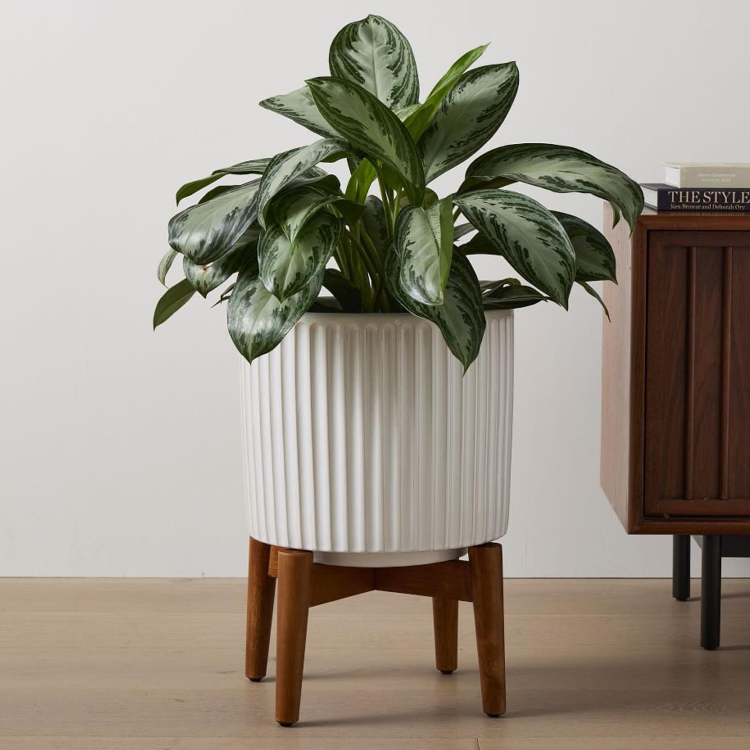 West Elm Turned Wood Leg Planter Tall 60cmH Carved White Ceramic Acorn ...